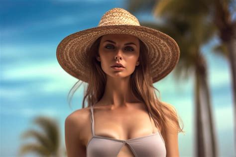 Premium Ai Image Supermodel Wearing Trendy Summer Cloth And Straw Hat
