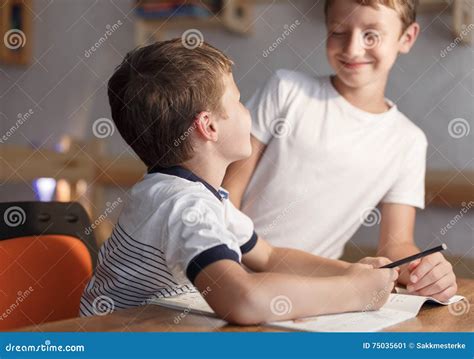 Happy Little Boys Solve Math Problem Smile Stock Image Image Of