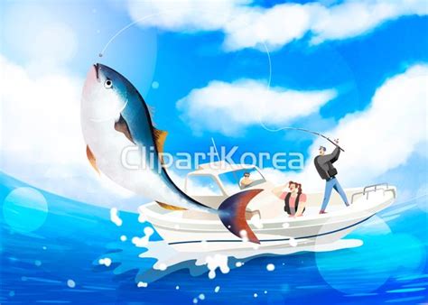 적합한콘텐츠강구름낚시낚시꾼낚싯대남자바다배 교통수단 보트사람상반신서기세명실외앉기어류여가여유여자일러스트즐거움취미큼튐하늘 바다