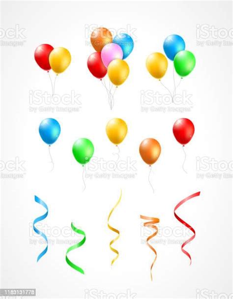흰색 배경에 사실적으로 고립 된 다채로운 풍선과 스트리머의 집합 3차원 형태에 대한 스톡 벡터 아트 및 기타 이미지 3차원 형태 개체 그룹 공휴일 Istock