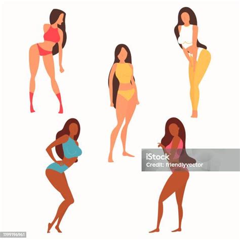 벡터 플랫 여자 수영복과 스포츠웨어 다양한 포즈에 서 여성 캐릭터와 만화 Ilustration 포스터 여름 카드 계절 및 여행 디자인 비키니에 대한 스톡 벡터 아트 및 기타