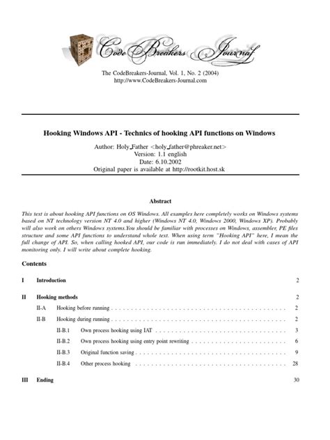 cbj 1 2 2004 holy father hooking windows api pdf microsoft windows