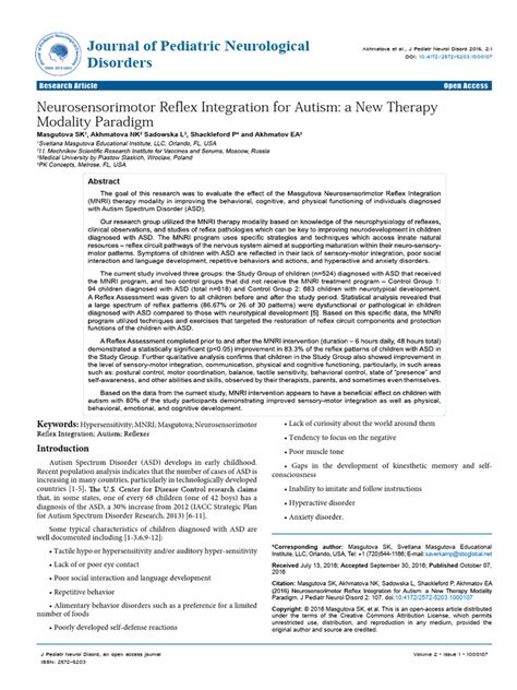 Neurosensorimotor Reflex Integration For Autism A New Therapymodality Paradigm Pdf