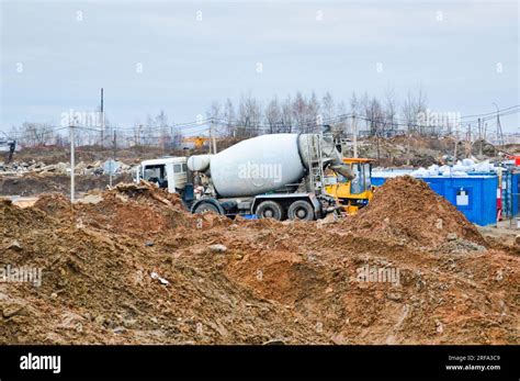 Large Powerful Truck Concrete Mixer At An Industrial Large Construction