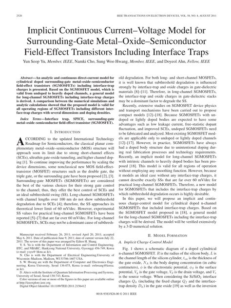 Pdf Implicit Continuous Current Voltage Model For Surrounding Gate Metal Oxide Semiconductor