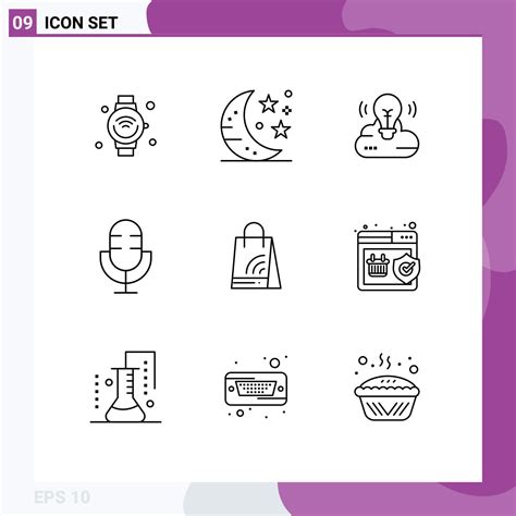 Set Of 9 Vector Outlines On Grid For Record Microphone Party Electronics Creative Campaign