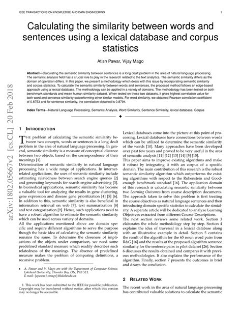 Pdf Calculating The Similarity Between Words And Sentences Using A Lexical Database And Corpus