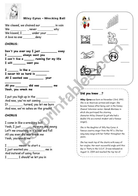 Miley Cyrus Wrecking Ball Song Esl Worksheet By Rocio88