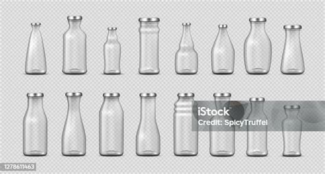 유리병 우유 물 커피 및 주스 광고를위한 현실적인 빈 3d 용기 다양한 형태의 모형으로 컬렉션 폐쇄 패키지 벡터 격리 투명 항아리 템플릿 세트 투명한에 대한 스톡 벡터 아트