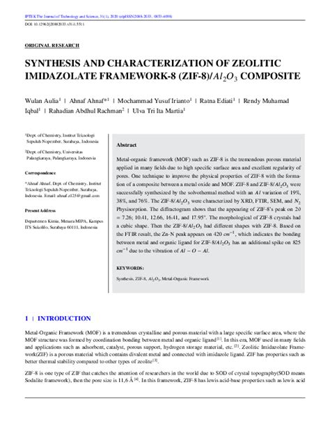 Pdf Synthesis And Characterization Of Zeolitic Imidazolate Framework 8 Zif 8al2o3 Composite