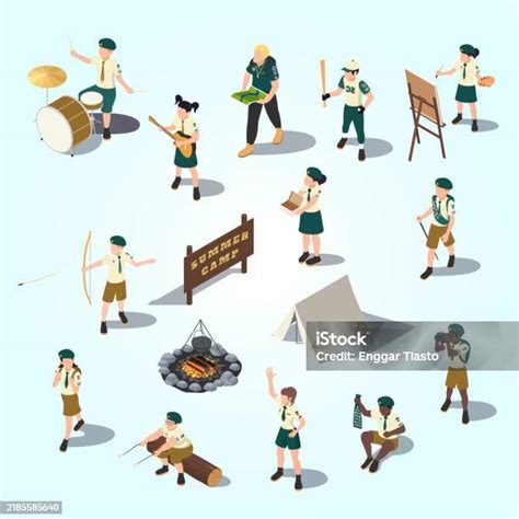 스카우트 여름 캠프 아이소 메트릭 세트 강사와 다양한 스포츠 및 레저 활동을하는 아이들 컬러 배경 3d 벡터 일러스트 레이 션에 고립 감시에 대한 스톡 벡터 아트 및 기타