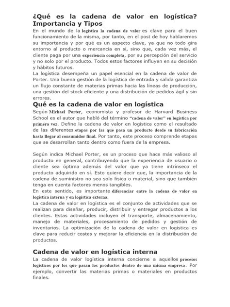 Cadena De Valor En Logística Claves Y Tipos Pdf Logística Cadena De Valor