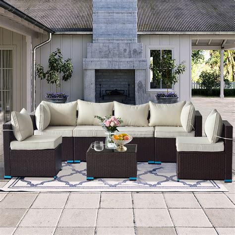 Karlhome 7 Piece Outdoor Patio Conversation Set Wicker Sectional Sofa