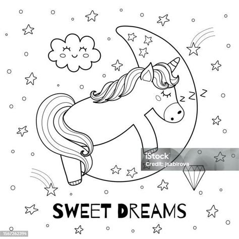 달콤한 꿈 흑백 프린트와 귀여운 유니콘이 달에서 자고 있다 유니콘에 대한 스톡 벡터 아트 및 기타 이미지 유니콘 컬러링 북 페이지 일러스트레이션 기법 0명 Istock