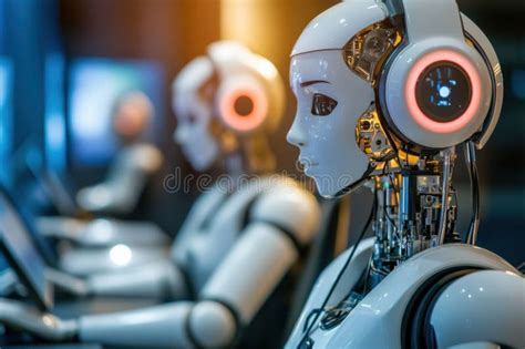 Advanced Robots Assist In A Futuristic Workspace With High Tech Interfaces And Glowing Features