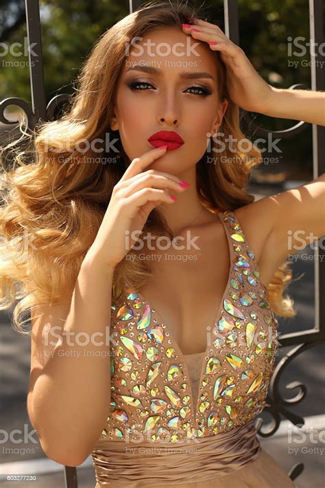 화려한 젊은 여자 와 금발 곱슬 머리 에 고급스러운 드레스 우아에 대한 스톡 사진 및 기타 이미지 우아 가냘픈 개인