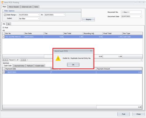 Pos3 5 FNB POS Posting Error Duplicate Journal Entry No AutoCount Resource Center