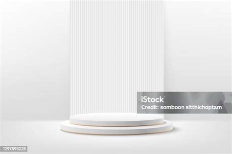 현대 웹 사이트에 제품에 대한 추상 라운드 디스플레이 포디움과 흰색 세로 줄무늬 텍스처 벽 장면 3d 렌더링 기하학적 모양 흰색과 회색 색상으로 배경 렌더링 입체 이미지에