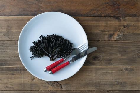 Premium Photo White Plate On A Wooden Background With Seaweed Of The Genus Codium Fragile