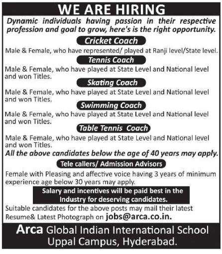 arca global indian international school uppal campus hyderabad wanted coach telecallers