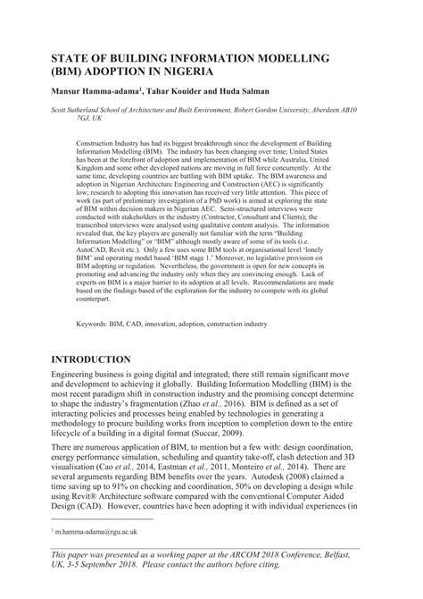 Pdf State Of Building Information Modelling Bim Adoption In Nigeria