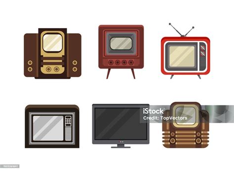 레트로 구식 Tv 또는 텔레비전 전송 장치 스크린 및 안테나 벡터 세트 개체 그룹에 대한 스톡 벡터 아트 및 기타 이미지 개체 그룹 고풍스런 골동품 Istock