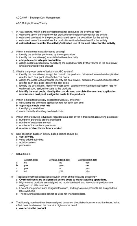 ABC MCQ Theory Activity Based Costing ACCA107 Strategic Cost