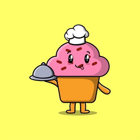 Cute Cartoon Chef Cupcake Serving Food On Tray 12987998 Vector Art At Vecteezy
