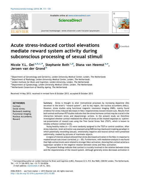 Pdf Acute Stress Induced Cortisol Elevations Mediate Reward System Activity During