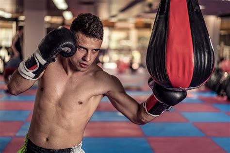 젊은 잘 생긴 킥 복서 열심히 훈련하 고 싸움을 준비 체육관에서 운동하는 전투기 건강한 생활방식에 대한 스톡 사진 및 기타 이미지 건강한 생활방식 격투기 결심