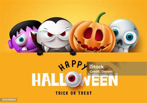 해피 할로윈 텍스트 벡터 템플릿 디자인 할로윈 트릭 또는 무서운 으스스하고 소름 마스코트 이모티콘 문자를 치료 할로윈에 대한