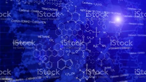 유기 분자 화학의 개념 다른 물질의 원자로 구성된 분자의 공식과 아름다운 파란색 배경 과학 및 교육 Dna에 대한 스톡 벡터 아트 및 기타 이미지 Istock