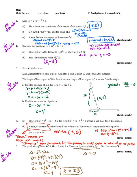 Quiz Review Linear And Quadratic Functions Answer Key Name