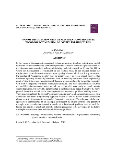 Pdf Volume Minimization With Displacement Constraints In Topology Optimization Of Continuum
