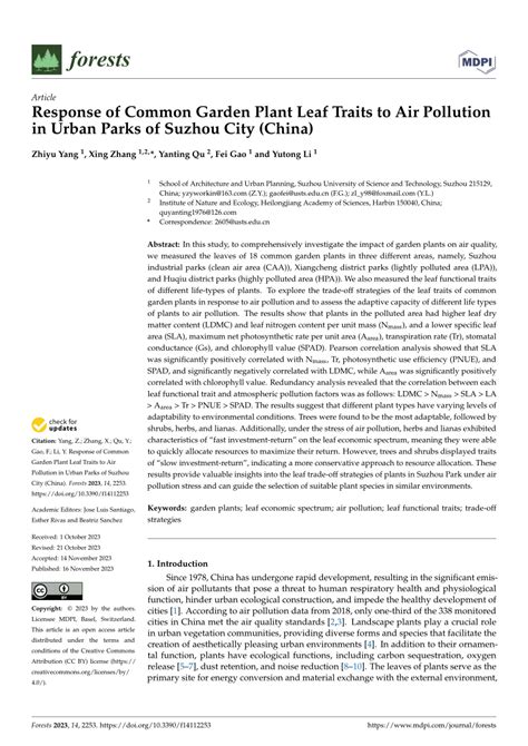 Pdf Response Of Common Garden Plant Leaf Traits To Air Pollution In Urban Parks Of Suzhou City