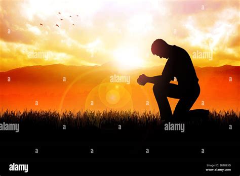 Silhouette Illustration Of A Man Praying Outside At Beautiful Landscape