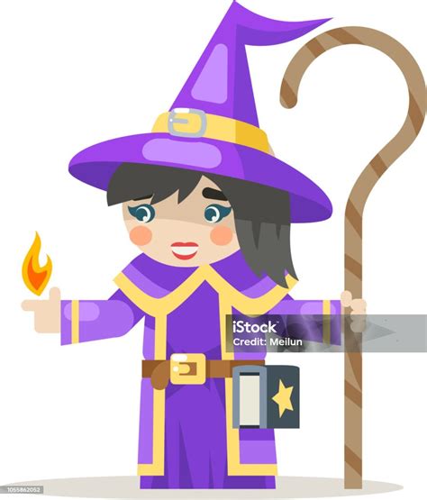 마법사 여자 마법사 사냥꾼 Wisewoman 여성 판타지 중세 액션 롤플레잉 게임 캐릭터 애니메이션 준비 벡터 일러스트 레이 션 계층 2차 도형에 대한 스톡 벡터 아트 및