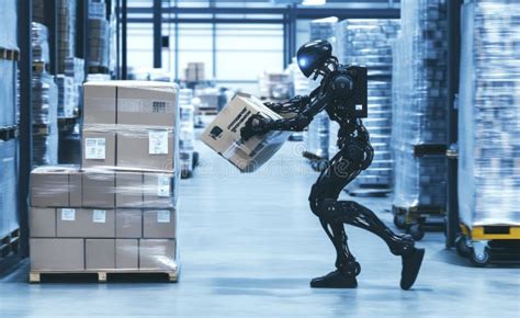 Advanced Robotic Arm Handling Boxes Modern Warehouse Setting Stock