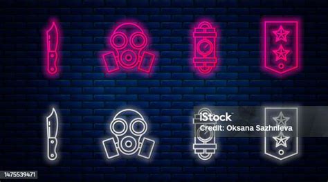 세트 라인 가스 마스크 폭발 다이너마이트 폭탄 스틱 및 타이머 시계 군용 칼 및 갈매기 모양 벽돌 벽에 빛나는 네온 아이콘입니다 벡터 갈매기표 수장에 대한 스톡 벡터 아트