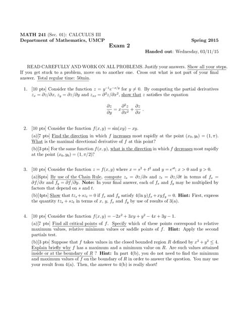 Calculus Iii Exam Hand Out To Solve Math 241 Exams Advanced