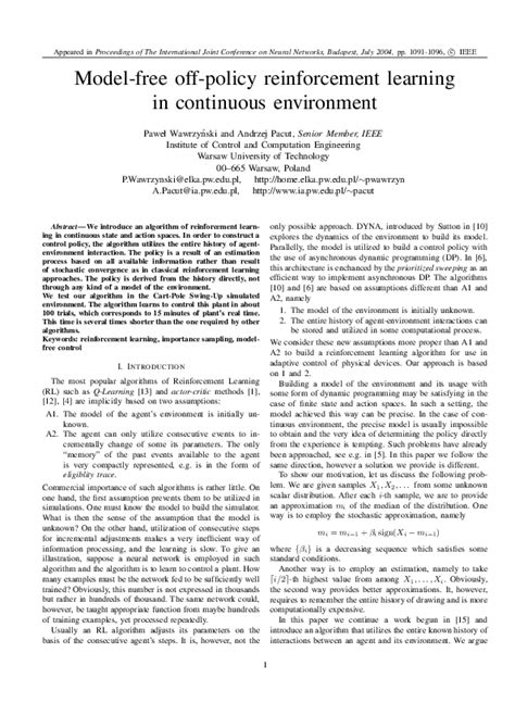 Pdf Model Free Off Policy Reinforcement Learning In Continuous Environment