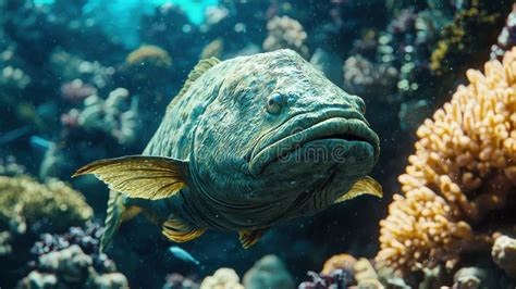 Majestic Grouper In Vibrant Coral Reef Stock Illustration