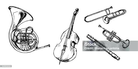 프렌치 호른 금관악기 트럼펫 튜바 악기 벡터 일러스트레이션 세트 더블 혼 콘트라베이스 파이프 클라리넷 실루엣 잉크 손으로
