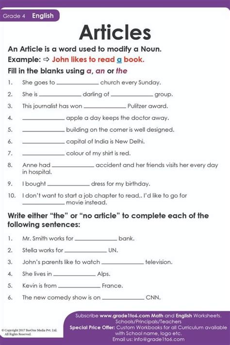 Articles Worksheet For Cbse Class 4 Artofit
