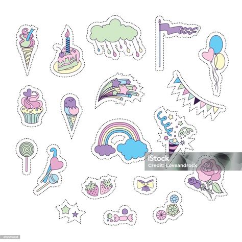 불꽃놀이 별 케이크 과자 아이스크림 구름 풍선 및 플래그와 유니콘 멀티 컬러 스티커 디자인에 대한 스톡 벡터 아트 및 기타 이미지 Istock