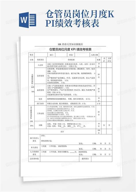仓管员岗位月度kpi绩效考核表word模板下载编号leoazoje熊猫办公