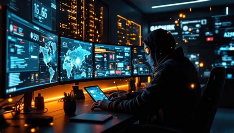 Hacker Working Late In A Dark Room With Multiple Screens Stock Image Image Of Hacker