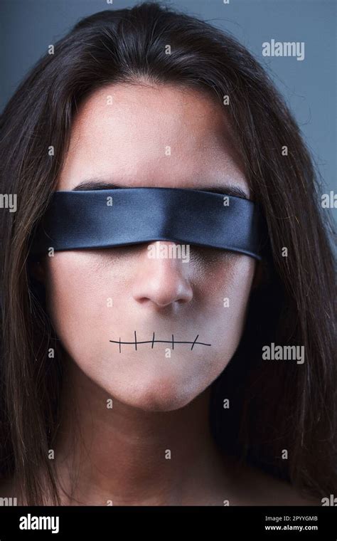Eerie Portrait Blindfolded Woman No Mouth Silenced Free Speech Expression Denied In