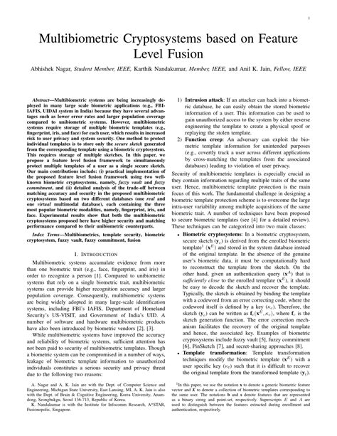 Pdf Multibiometric Cryptosystems Based On Feature Level Fusion