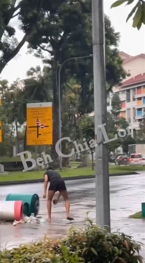 Man In Jurong West Takes His Frustration Out On Bin After Slipping Falling